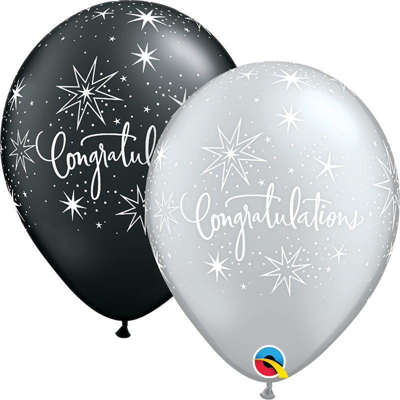 Black and Silver Congratulations Latex Balloons | Party Save Smile