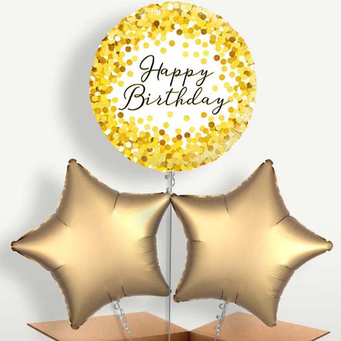 Gold Confetti Happy Birthday Trio Balloon Bunch | Buy Now – Party Save ...